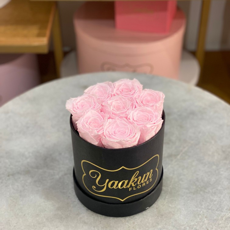 Rosas eternas en caja circular negra mini con rosas rosita | Yaakun Flores